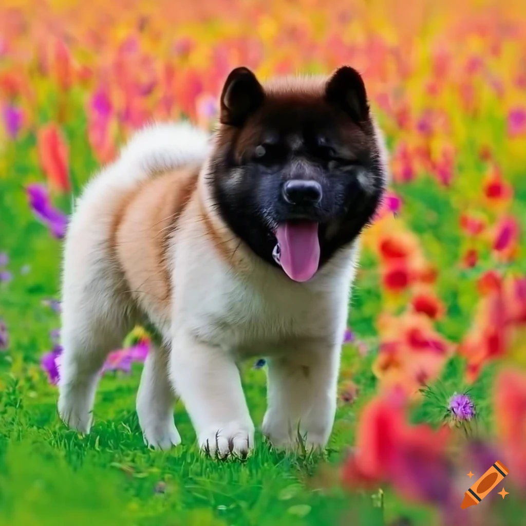 American akita protecting its owner on a path with colorful flowers on ...