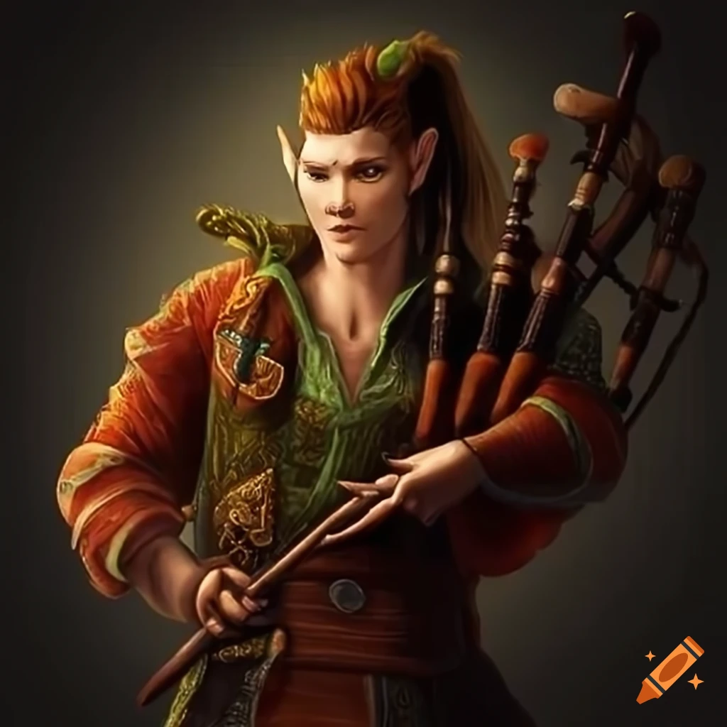 Elf bard playing bagpipe on Craiyon