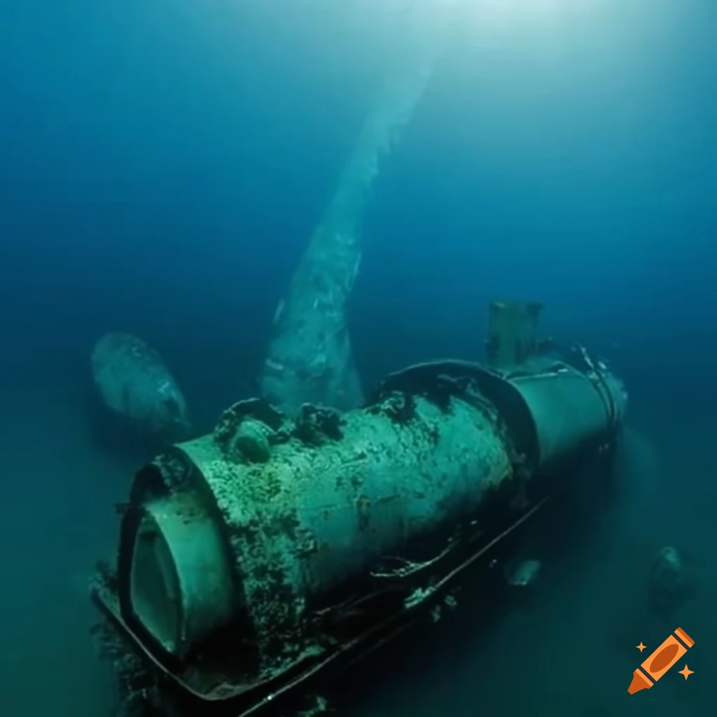 Sunken old steam locomotive at the bottom of the dark ocean on Craiyon