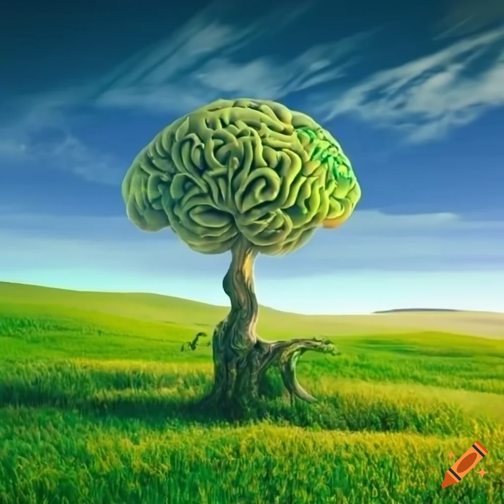 Brain-tree in a landscape of rolling hills and meadows on Craiyon