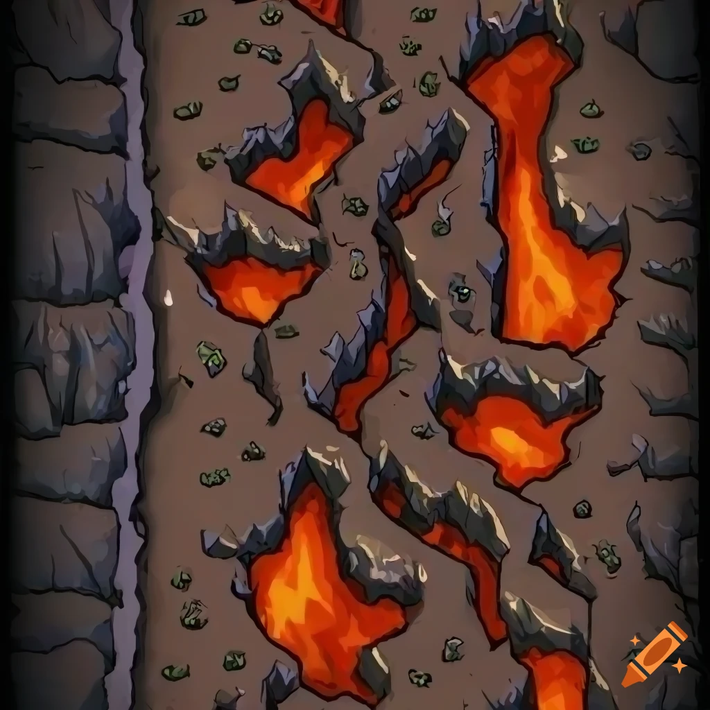 Top-down view of stone path in mountain near lava river in rpg maker tileset on Craiyon