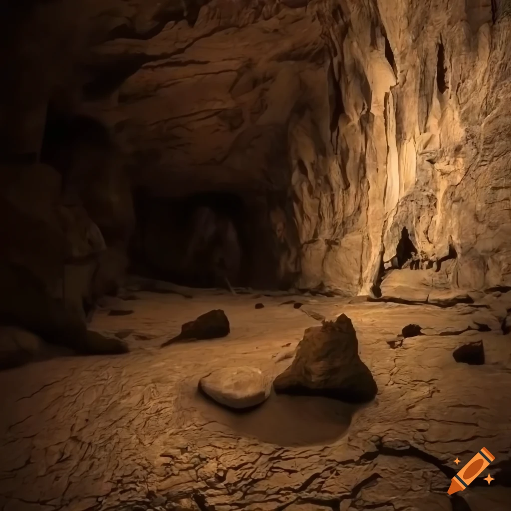 Interior of a wide rock cave with torches in a barren landscape on Craiyon