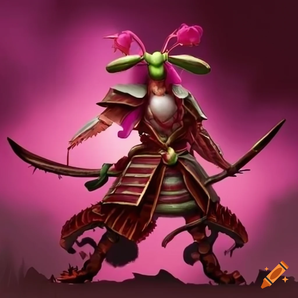 Samurai praying mantis with pink orchid, dungeons and dragons character ...