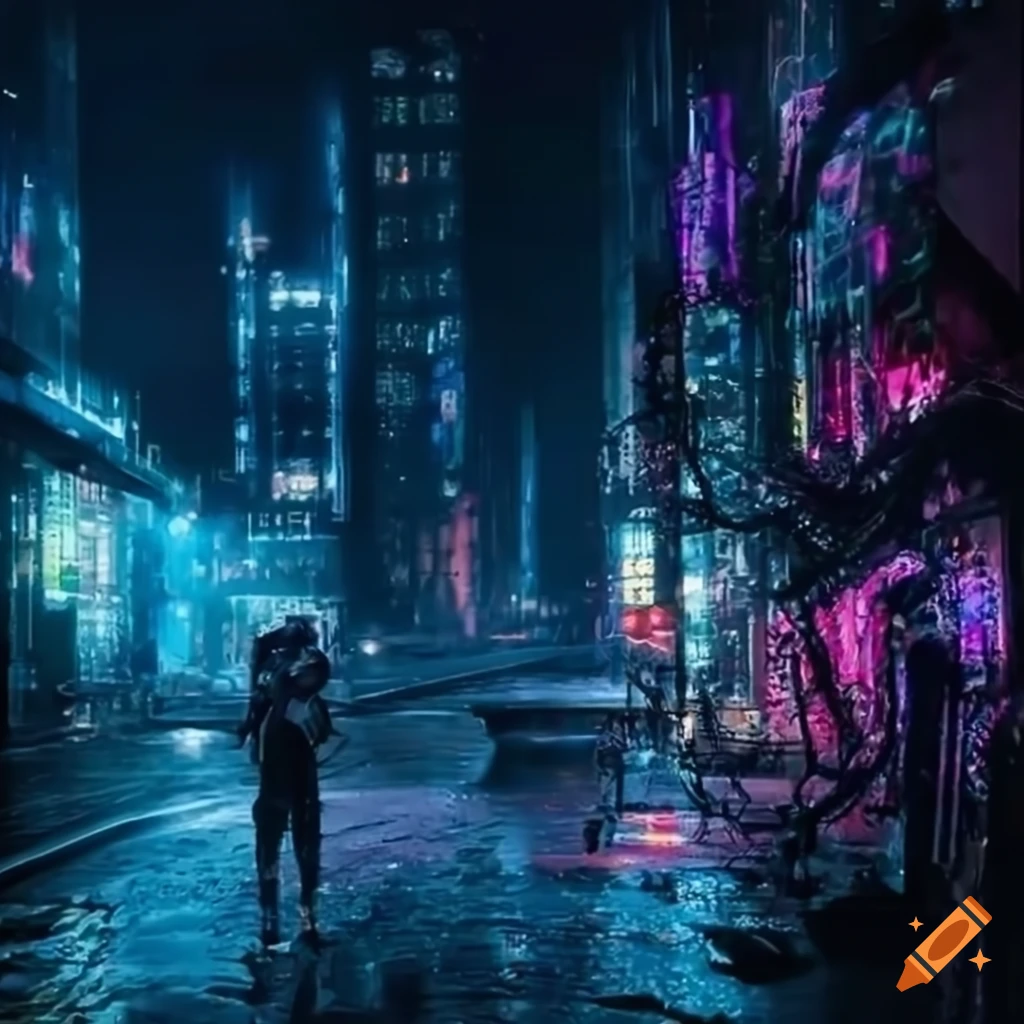 Cityscape with biopunk and cyberpunk elements on Craiyon