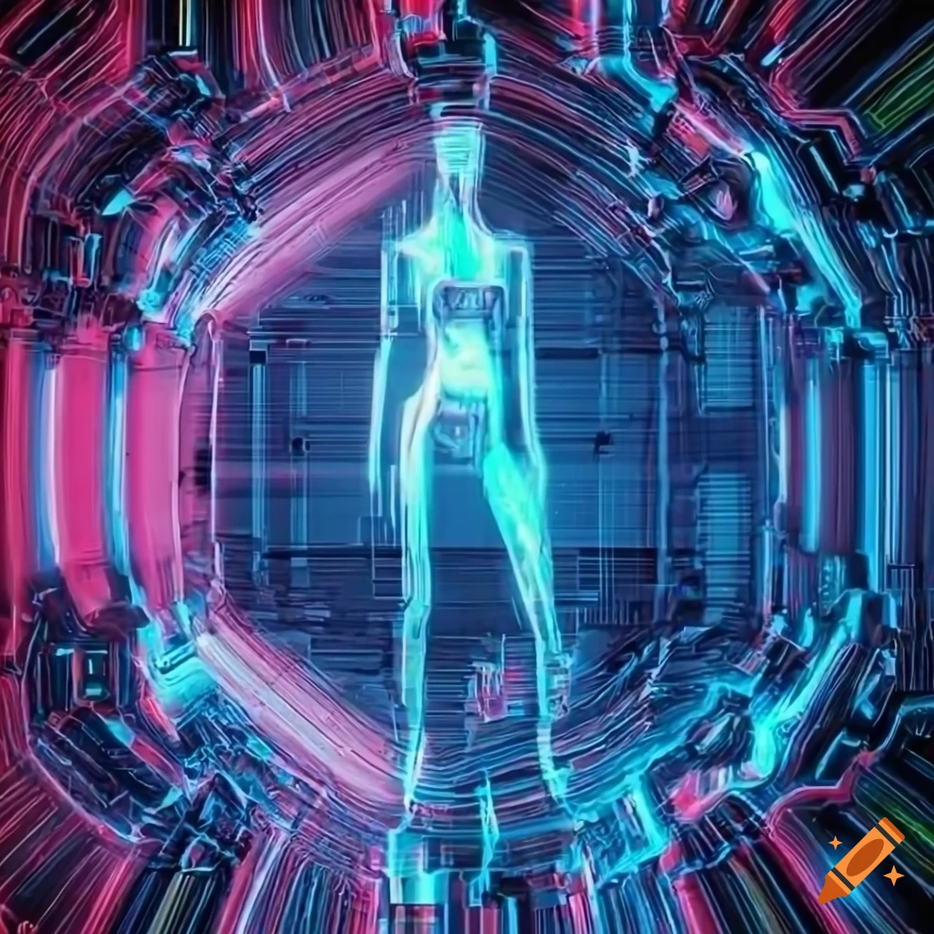 Highly detailed holographic alien spacecraft in a futuristic science ...