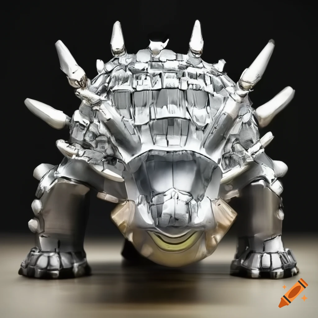 Silver metallic futuristic ankylosaurus-shaped robot on Craiyon