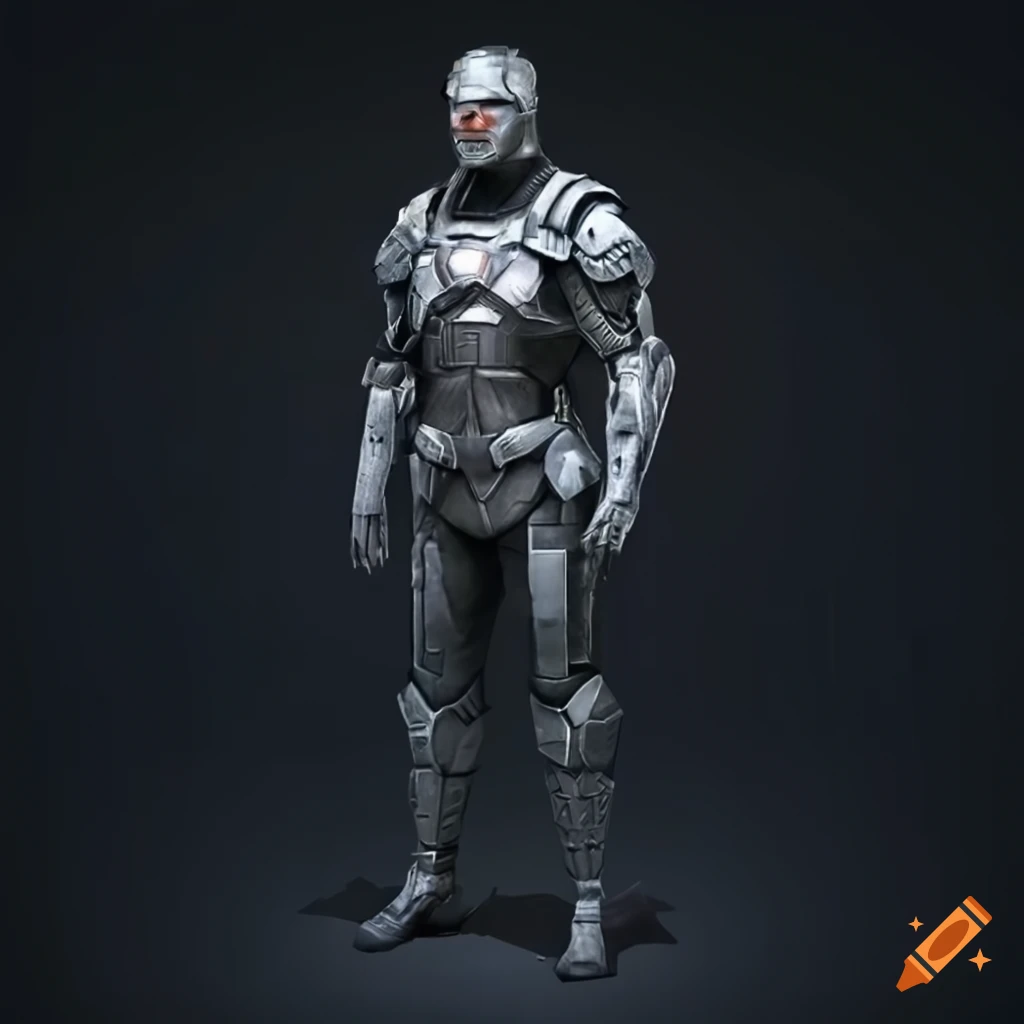Realistic full body view of super soldier in sleek armor with faceless ...