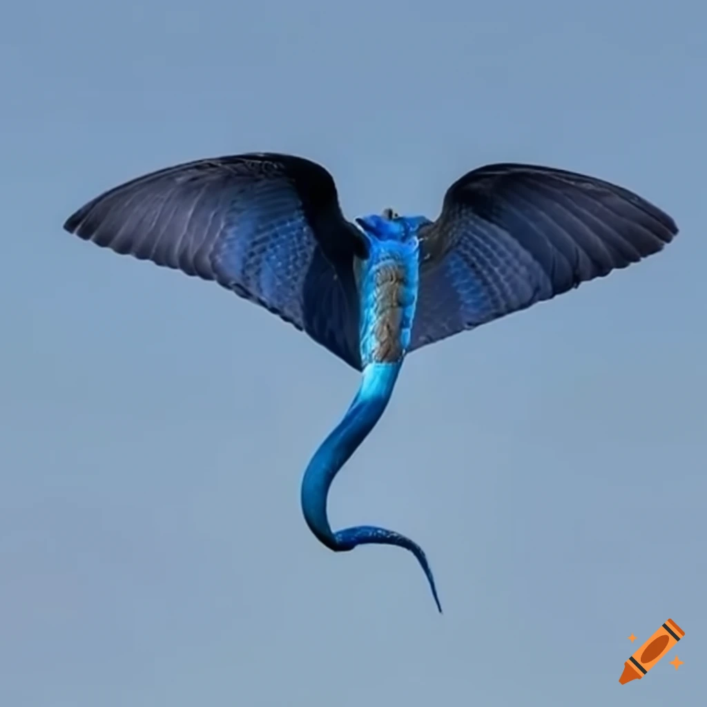Mythical electric blue cobra with wings flying in the sky on Craiyon
