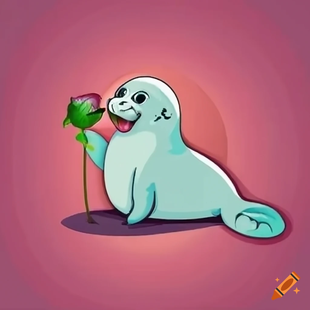 Adorable seal holding a beautiful rose on Craiyon