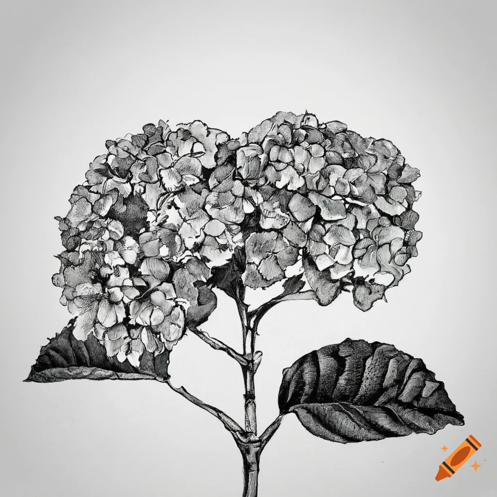 Botanical black ink drawing of hydrangea flower on Craiyon