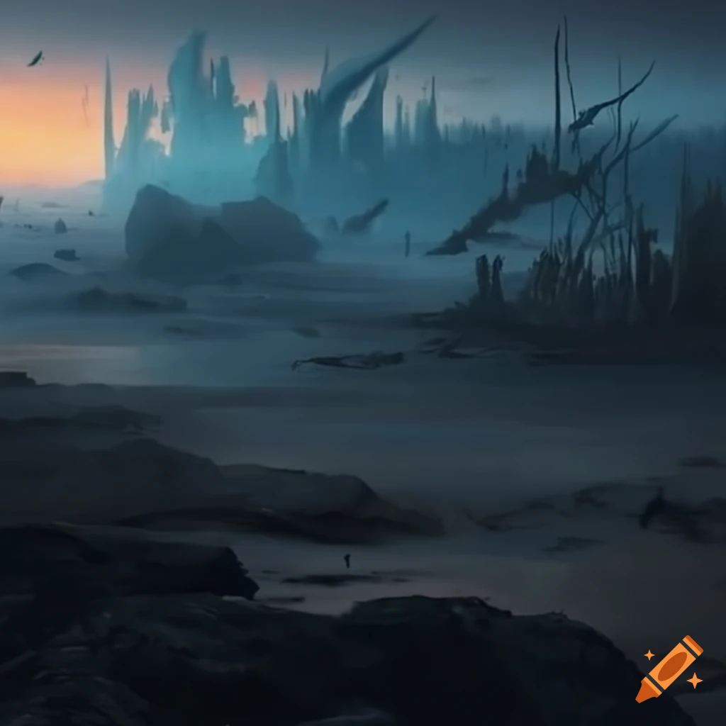 Desolate landscape destroyed by a meteor impact on Craiyon