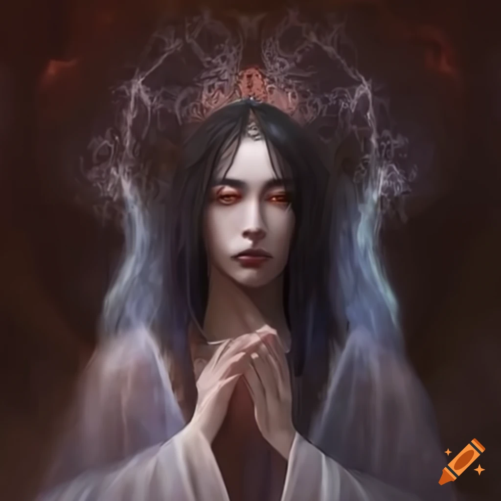 Ethereal light surrounding a dark-haired god with flowing robes exuding ...