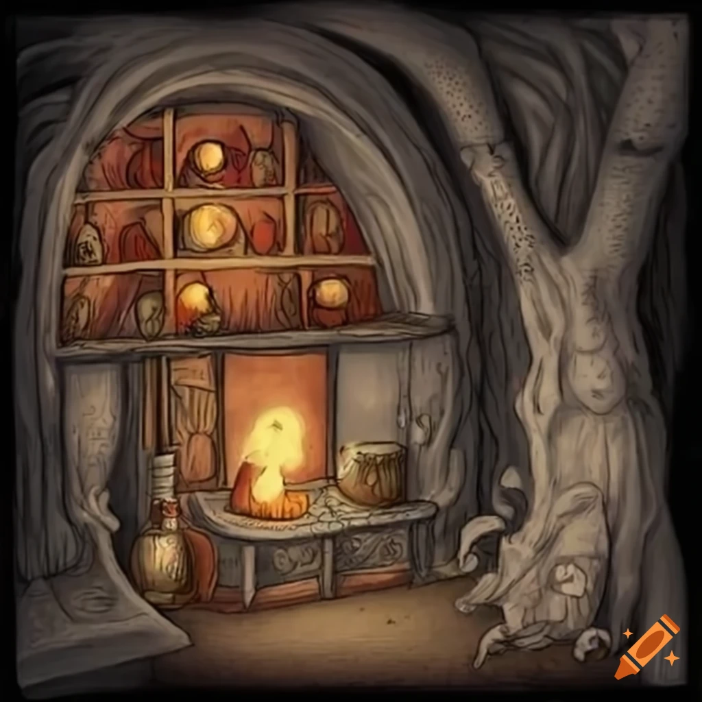 Witch laboratory with creatures and potions in a fairy tale setting on ...