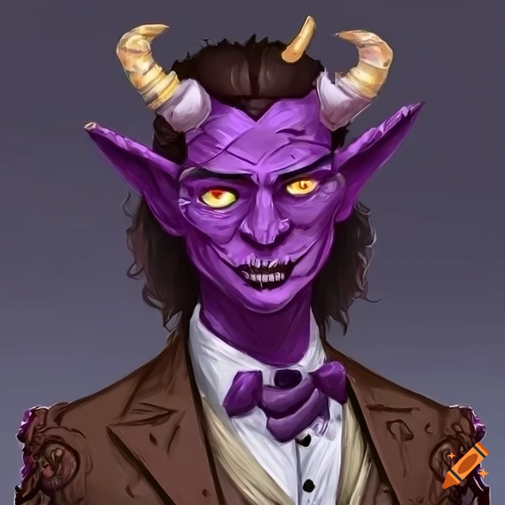 Dnd tiefling with deep purple skin in a stylish brown suit on Craiyon