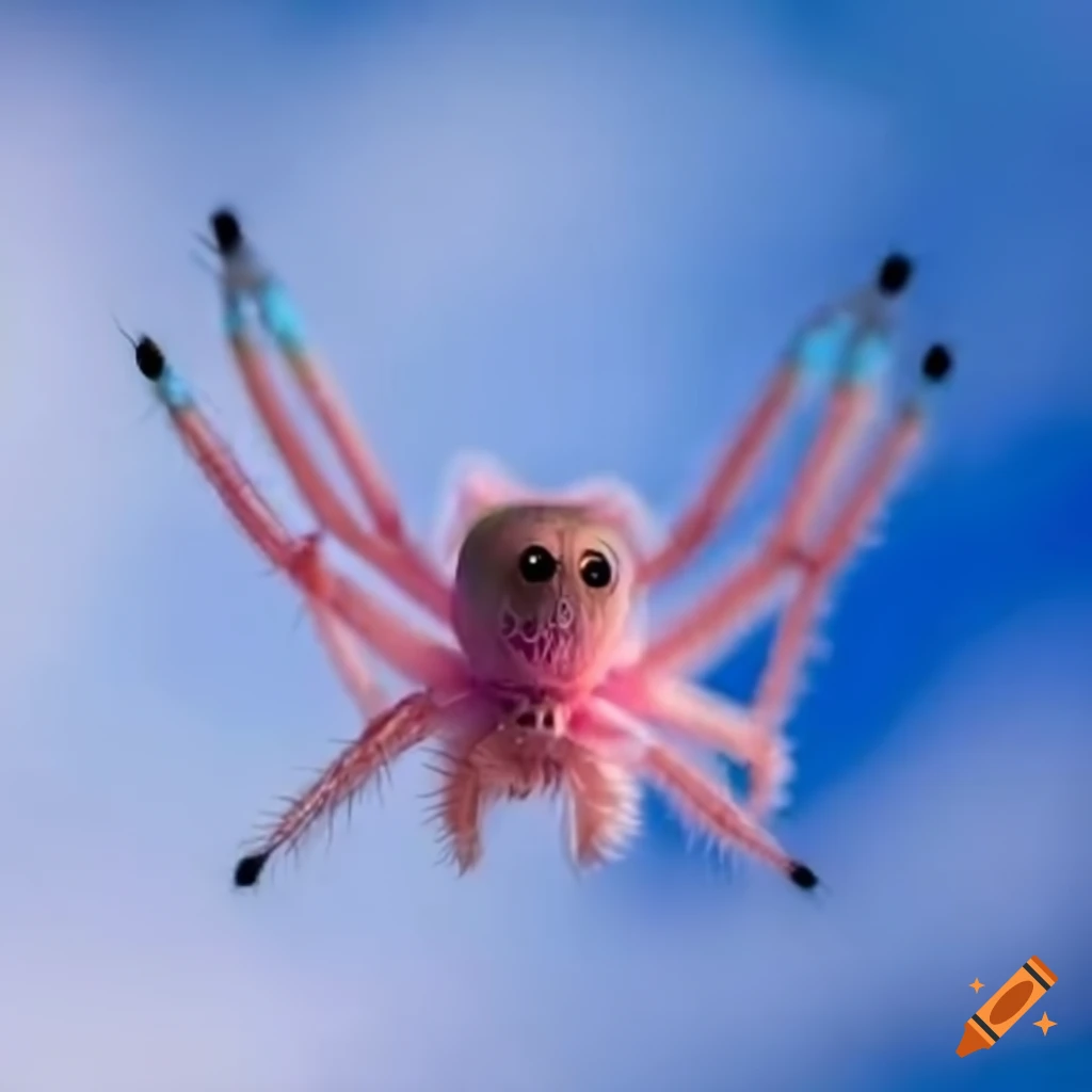 Pink fluffy spider with blue bow against a blue sky with clouds on Craiyon