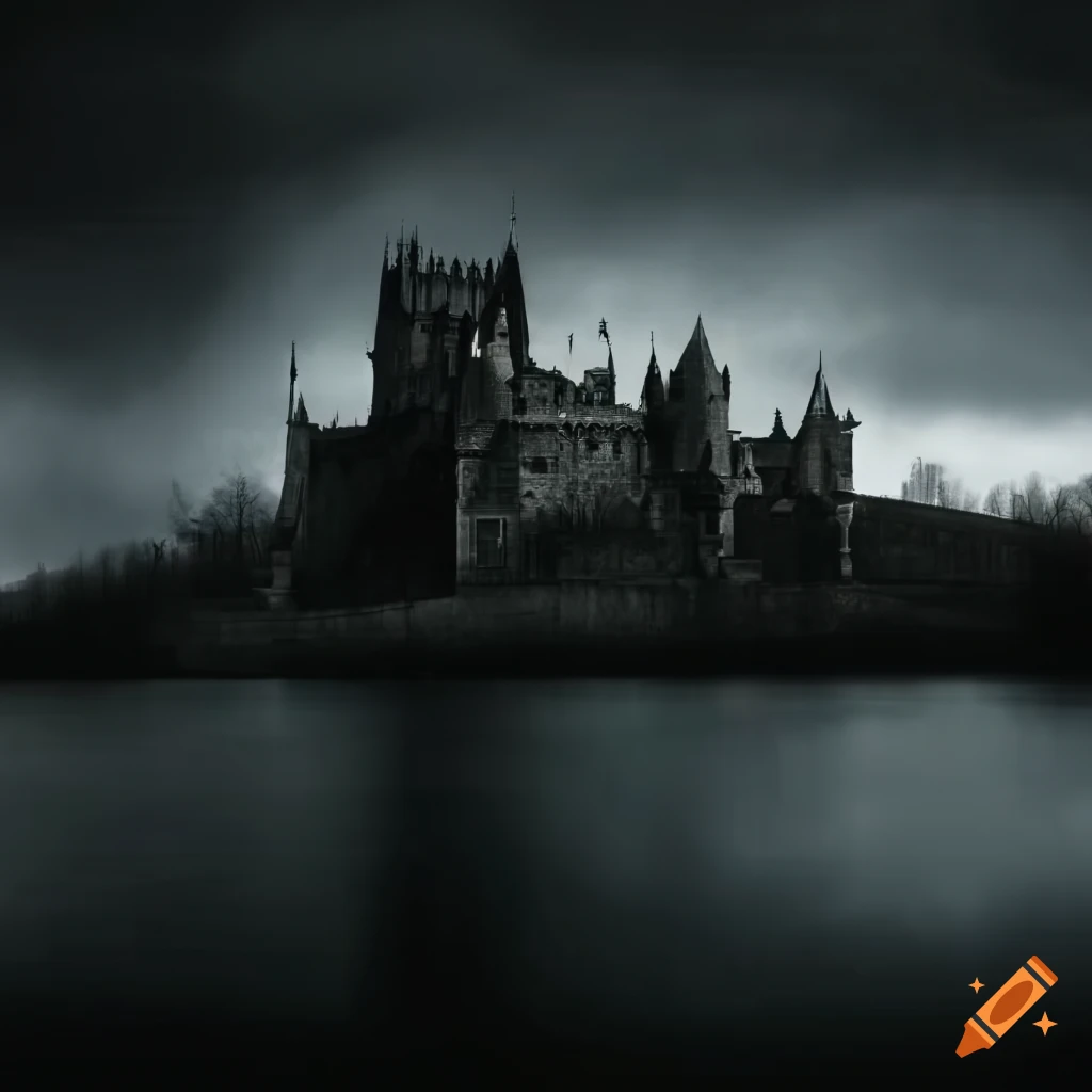 Gothic black castle with bridge, old barren trees, and snow under gray ...