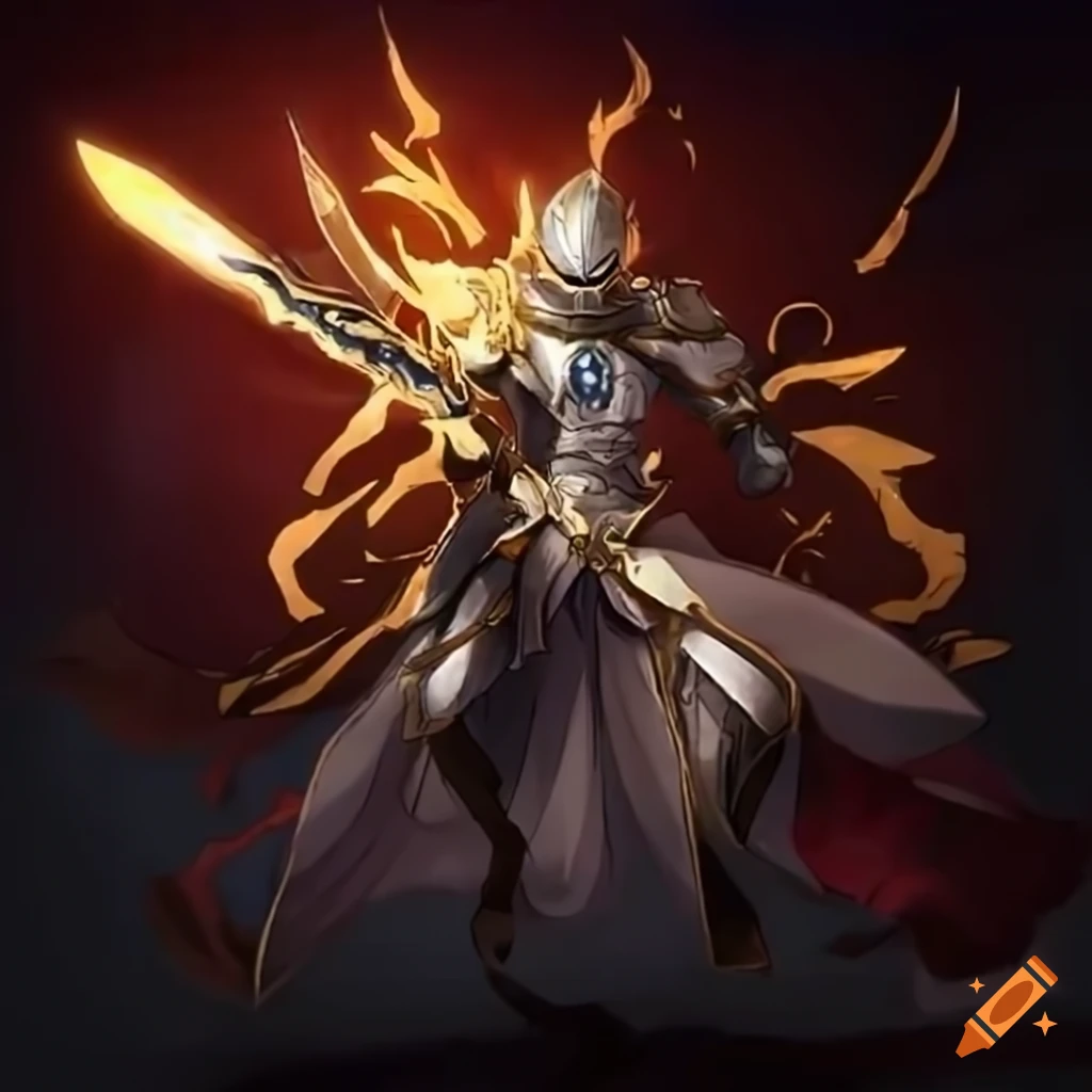 Celestial knight wielding light-infused weapons in battle on Craiyon