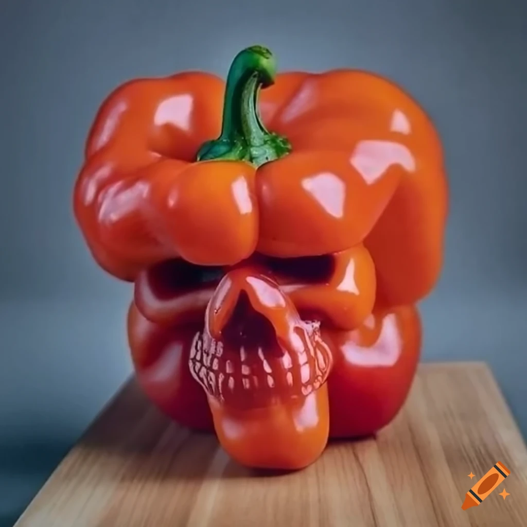 Bell pepper resembling a simple skull shape on a cutting board on Craiyon