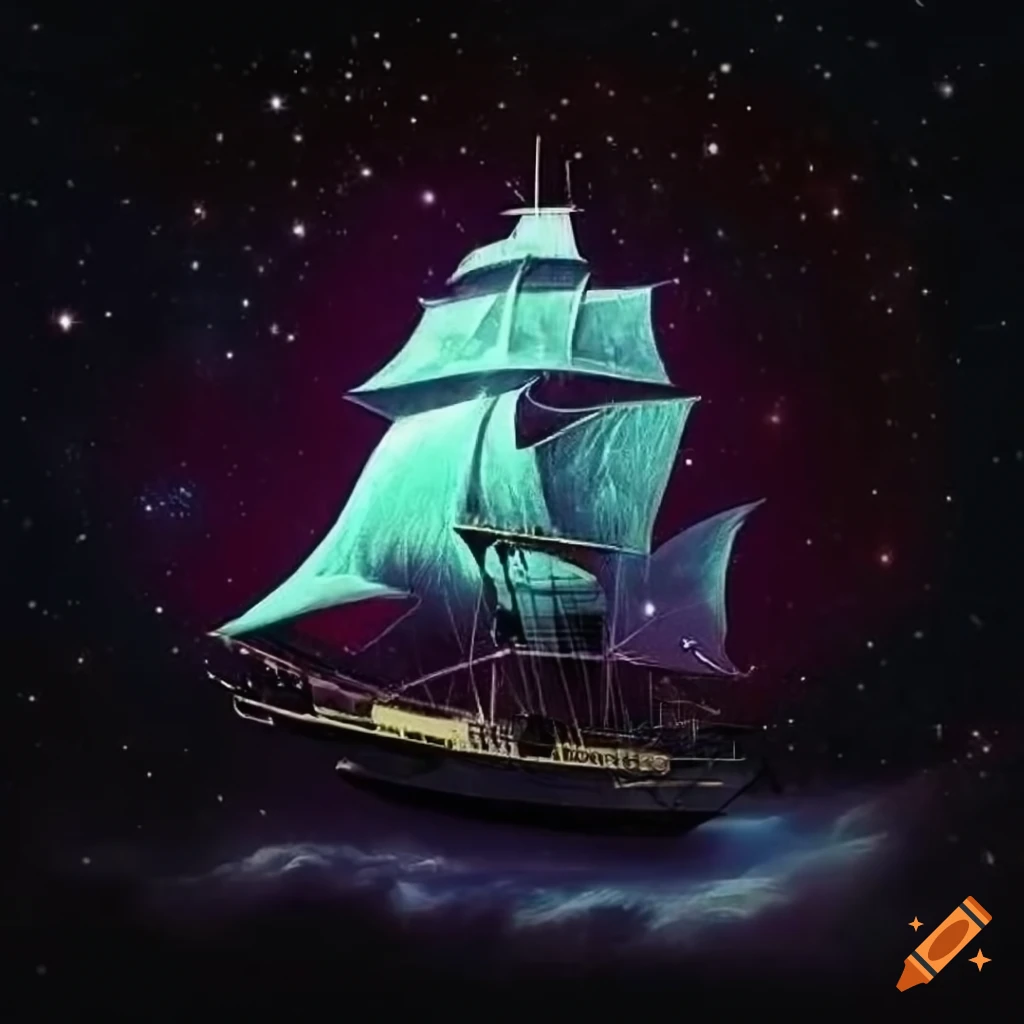 Sailing vessel in space with stars and planets in a surreal scene on ...