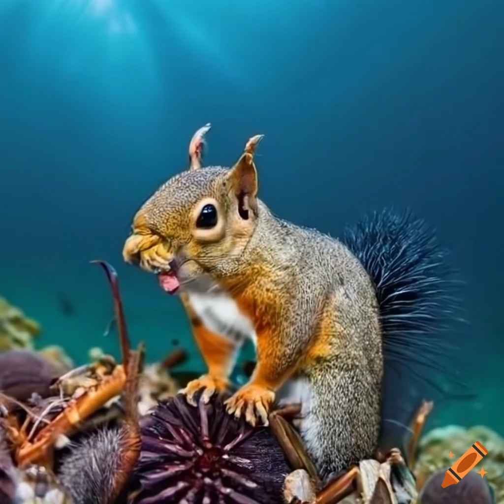 Gray squirrel at the ocean with crabs, sea urchins, and clams on Craiyon