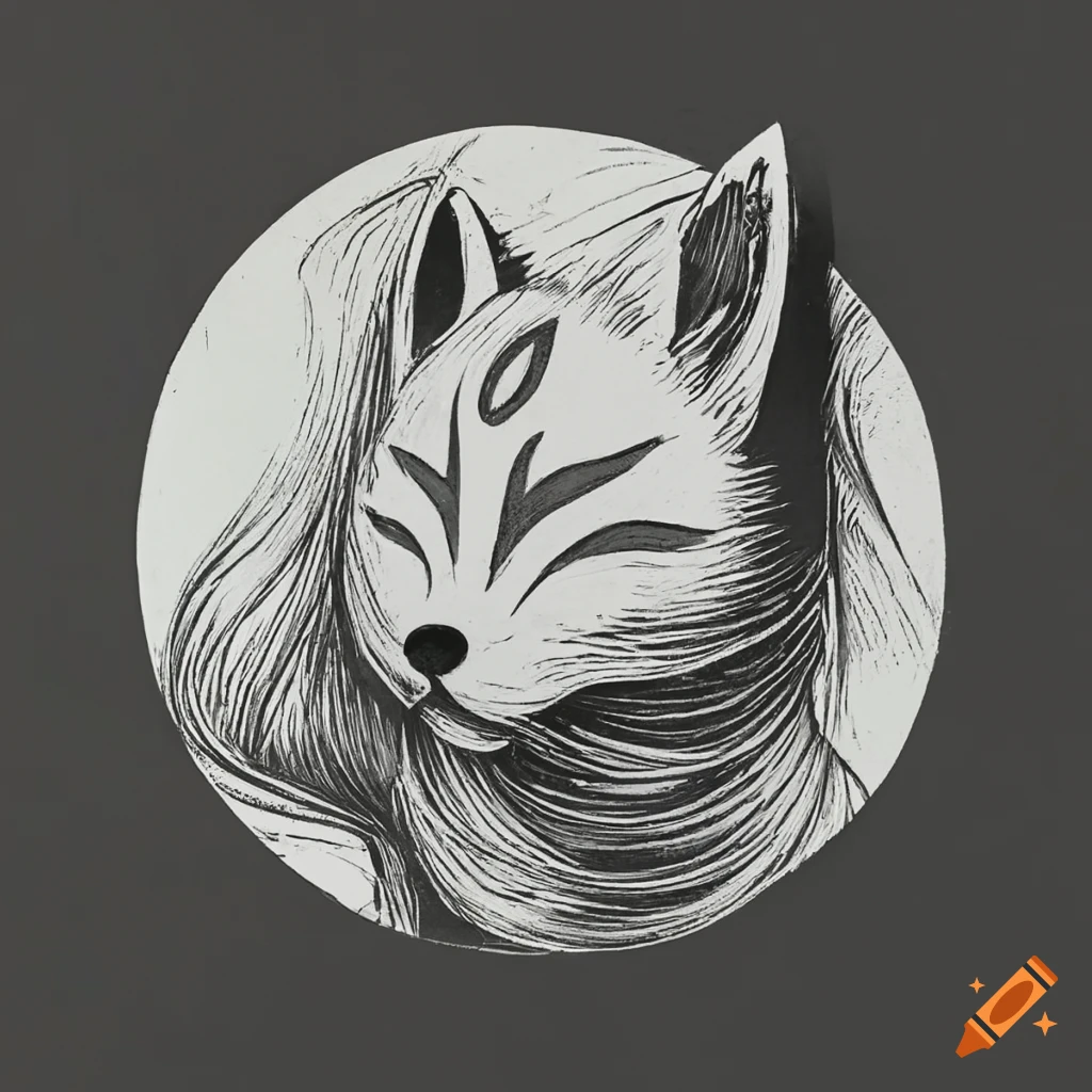 Sleek round logo depicting a kitsune in high contrast linocut style on ...