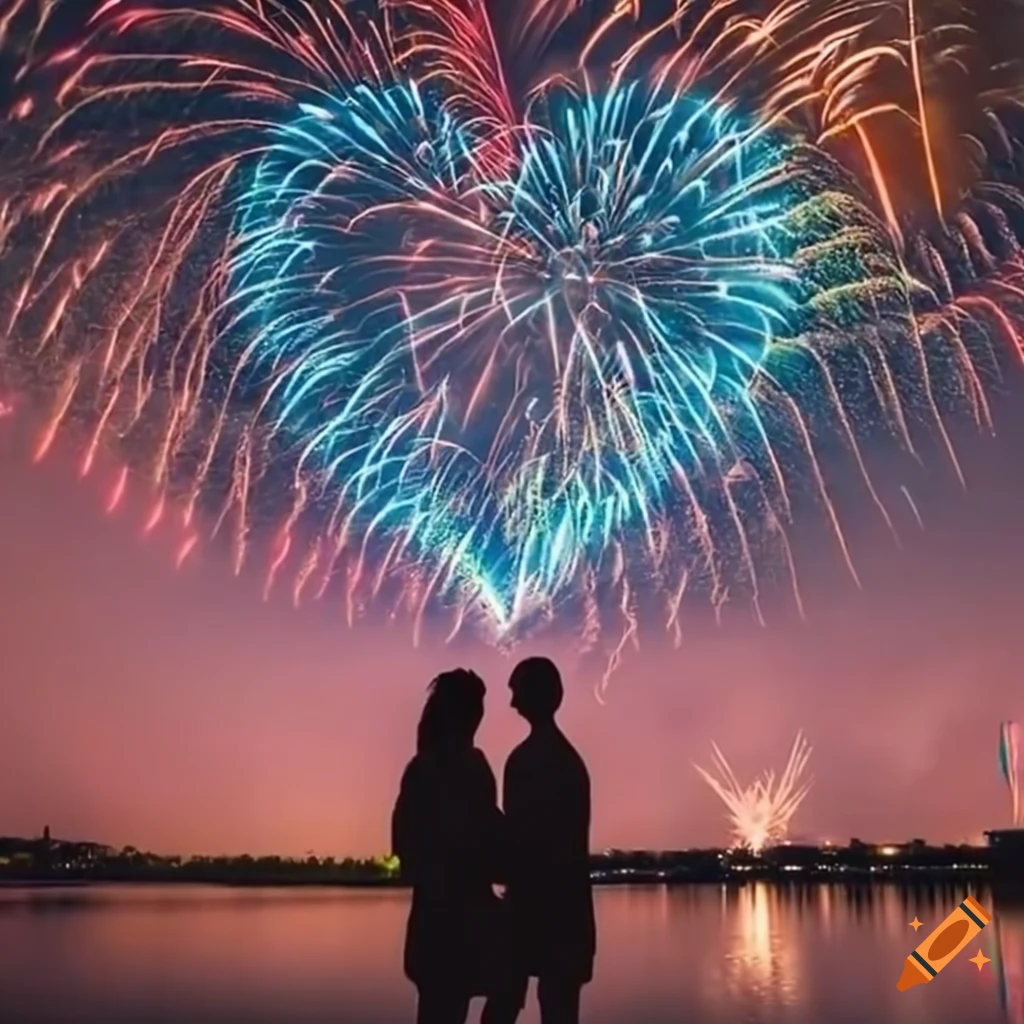 Lovers under colorful fireworks forming a heart in the night sky on Craiyon