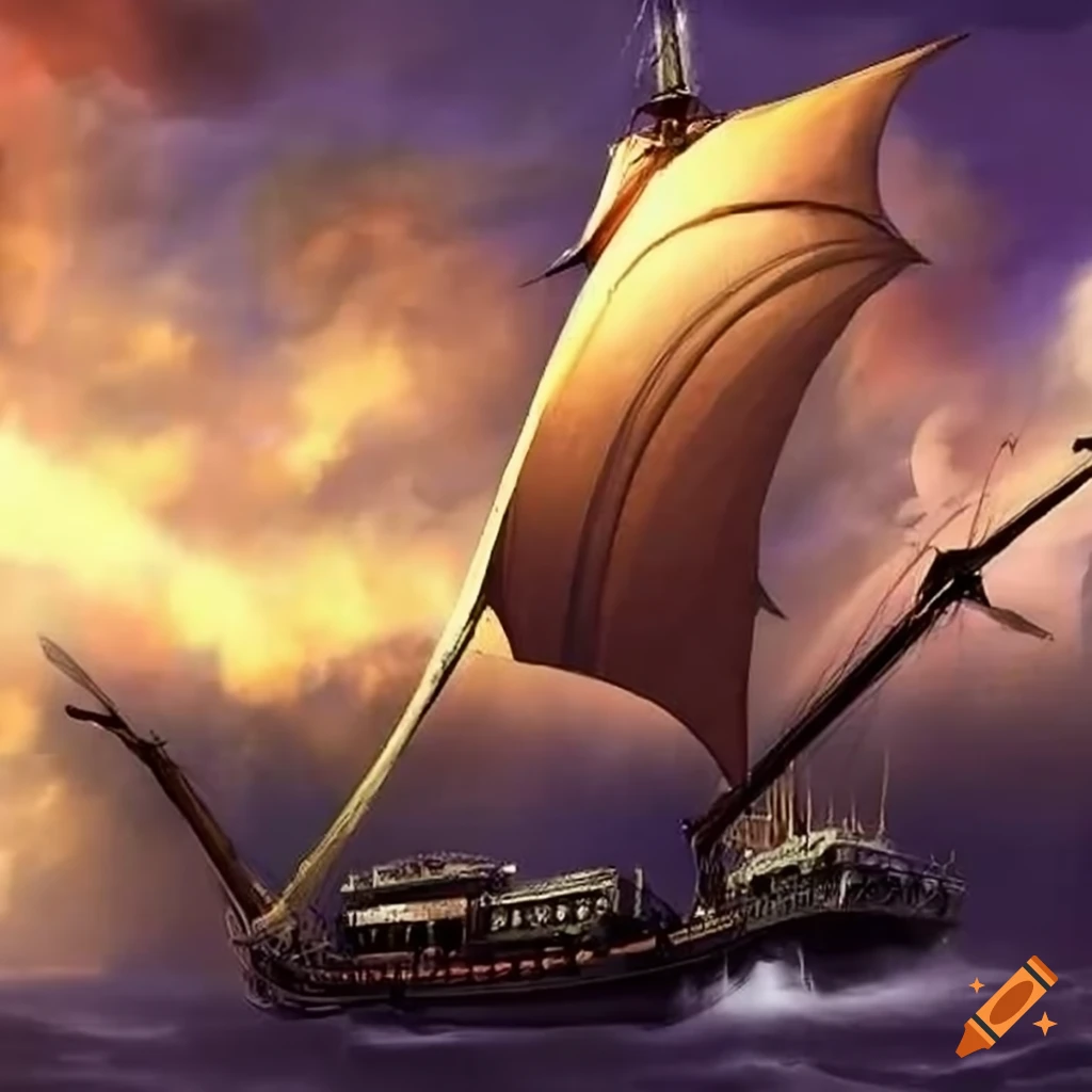 Sailing vessel soaring in eastern mythical fantasy on Craiyon