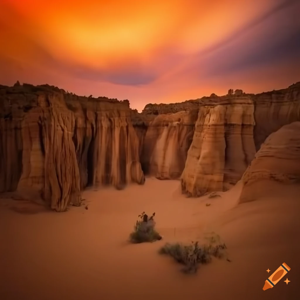 Scary desert with tall cliffs and angelic lighting on Craiyon