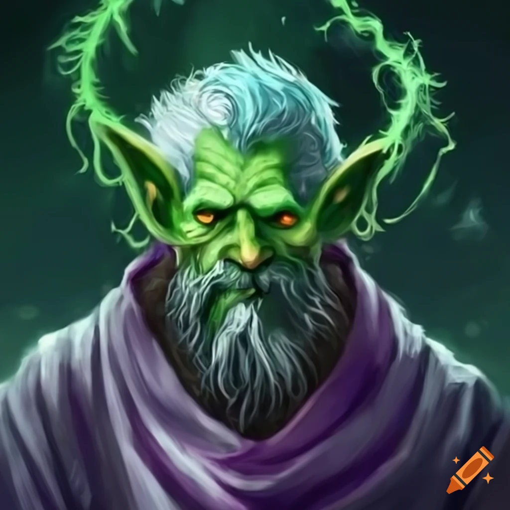Elderly hobgoblin wizard with green skin, grey hair, and purple eyes on ...