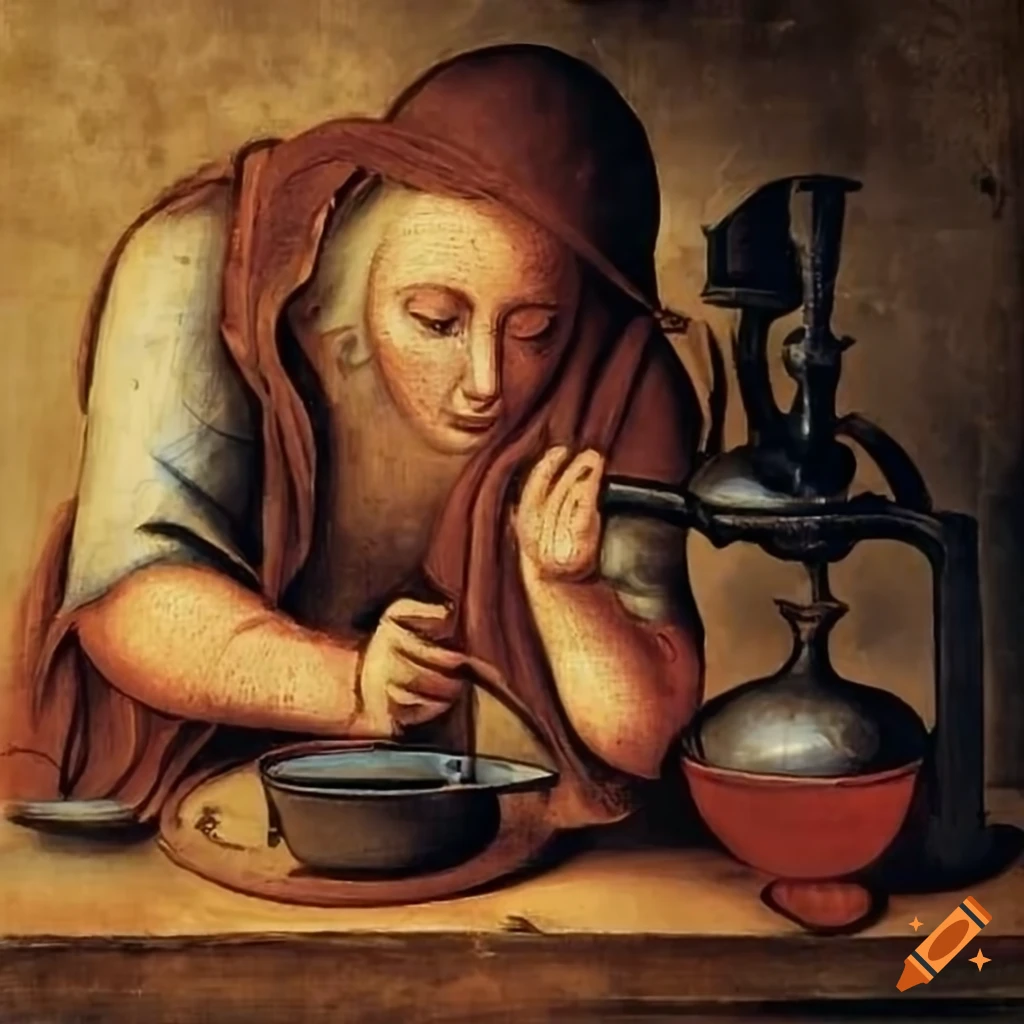 Medieval manuscript painting of a coffee machine on Craiyon