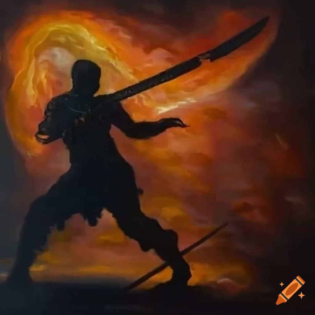 Warrior performing a powerful sword slash attack with cascading energy ...