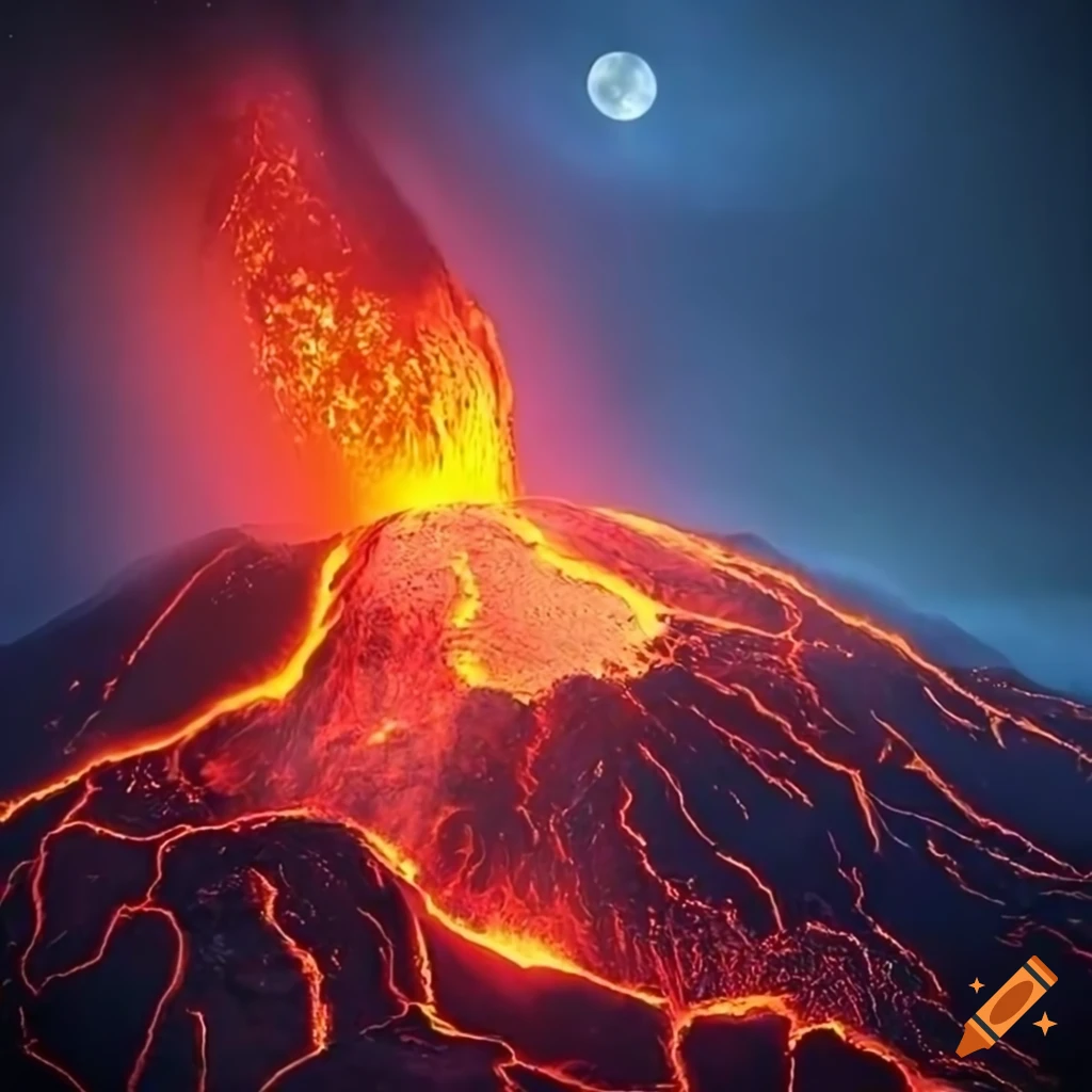 Volcano erupting with lava under the moonlight on Craiyon