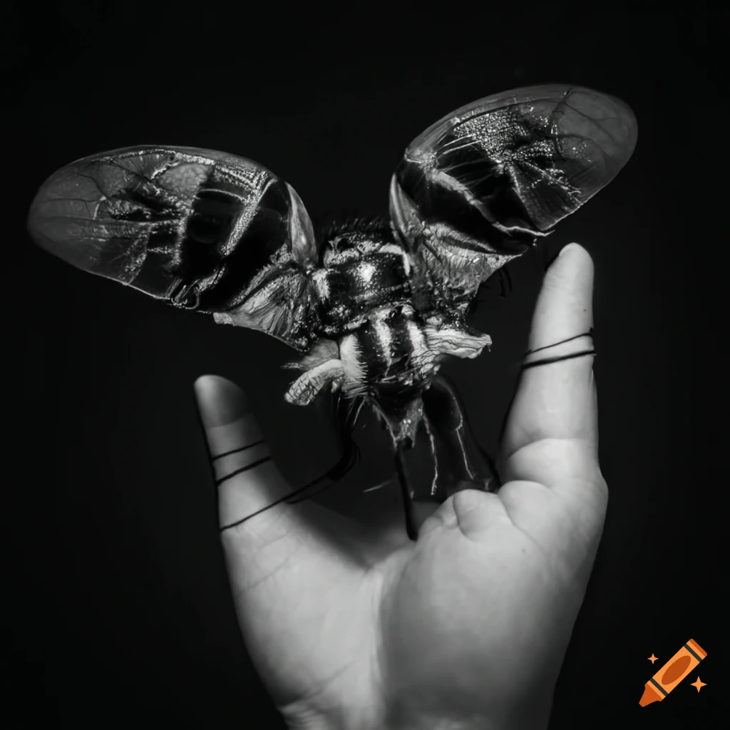 Giant hand crushing a fly. black and white. ominous on Craiyon