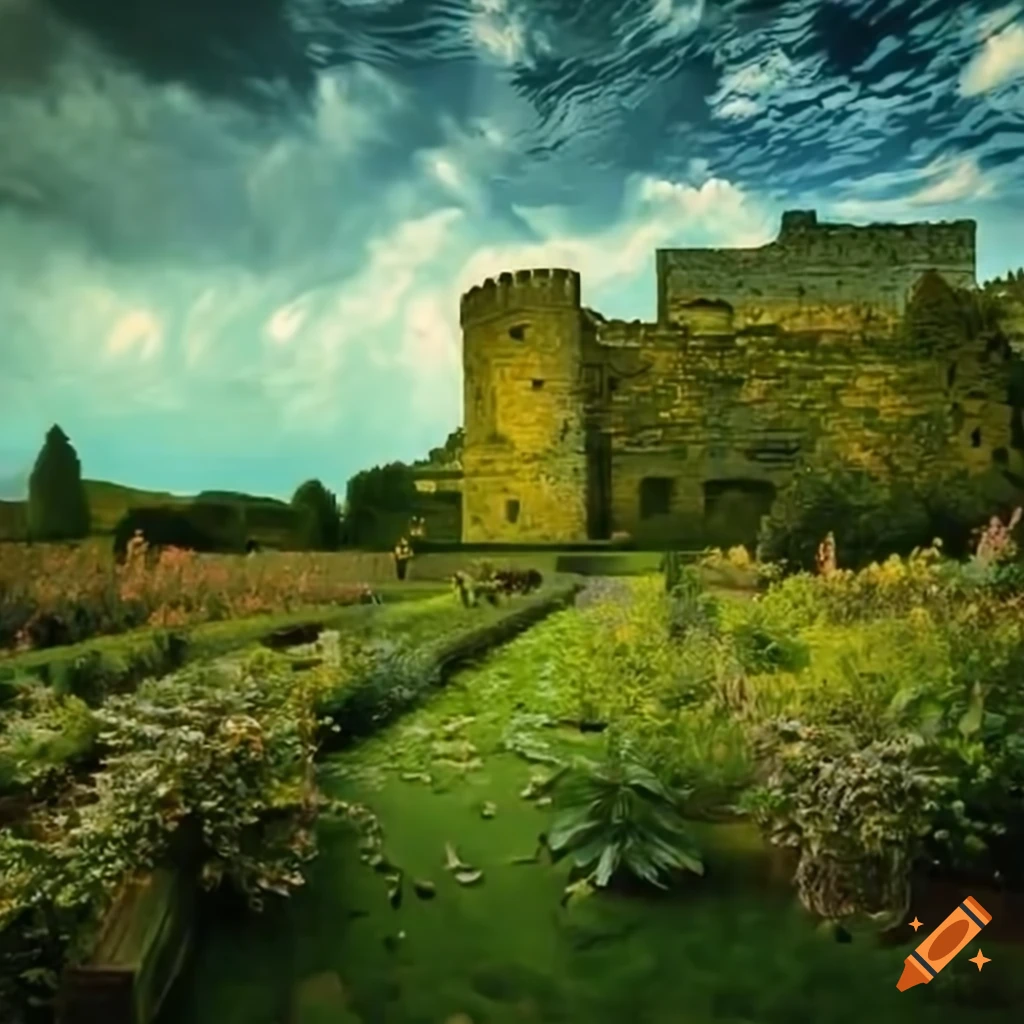 Lush plant maze surrounding a secret garden outside a medieval castle ...