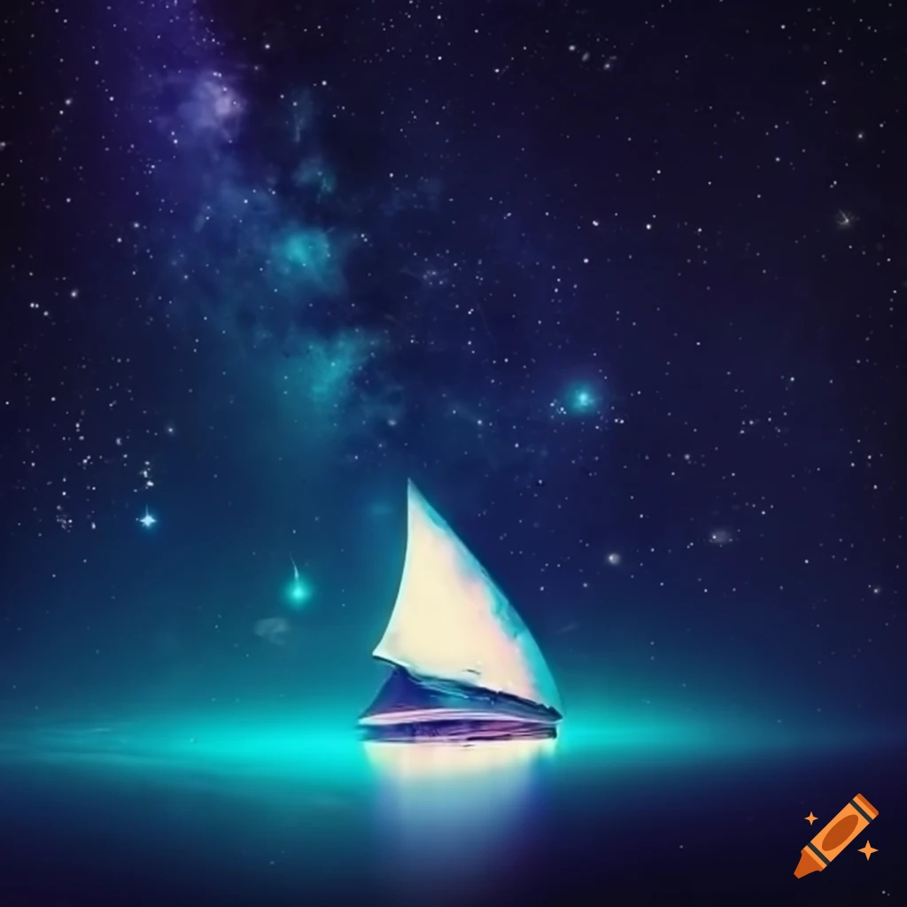 Sailing vessel in space with stars and planet, surreal and psychedelic ...