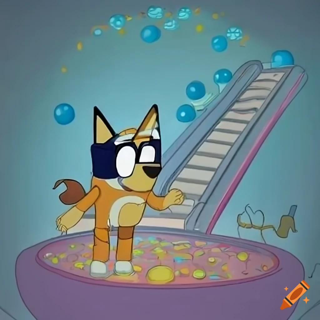 Bluey and simba on an escalator into a giant ball pit on Craiyon