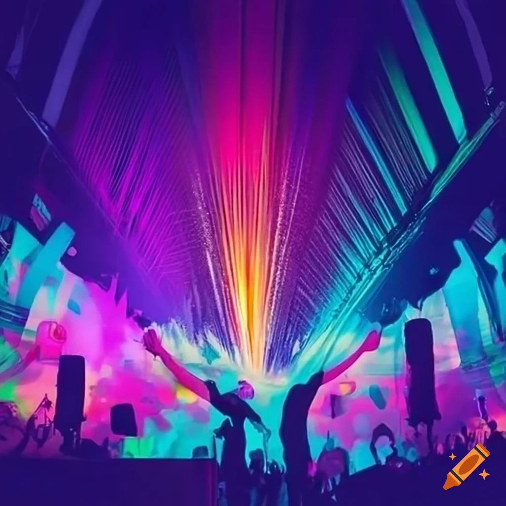 Vibrant music festival with people dancing in bright outfits on Craiyon