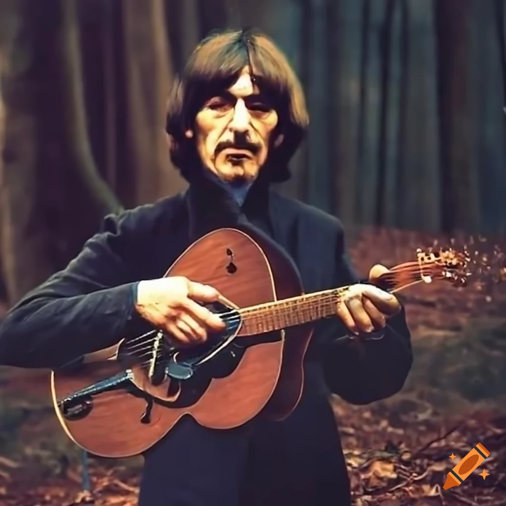 George harrison playing music with david gilmour in the forest on Craiyon
