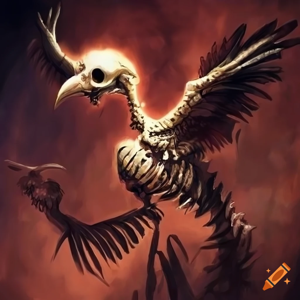 Fantasy art of a skeletal bird psychopomp on Craiyon