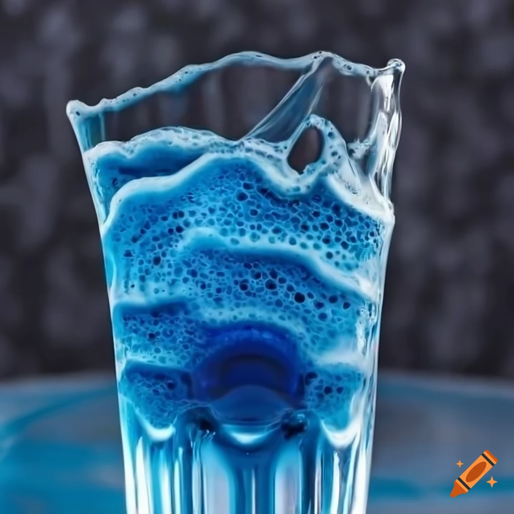 Blue fizzy foam overflowing from a drinking glass on Craiyon