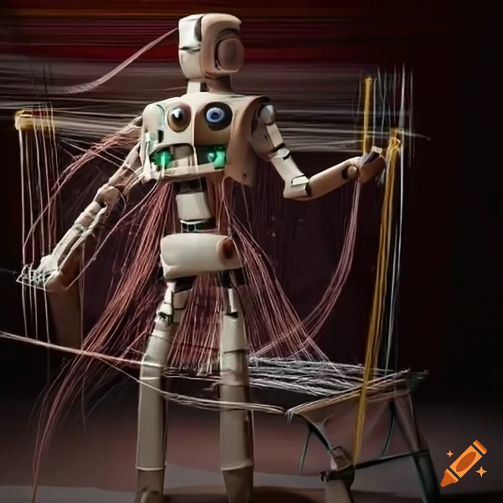Robot tangled in a textile loom on Craiyon