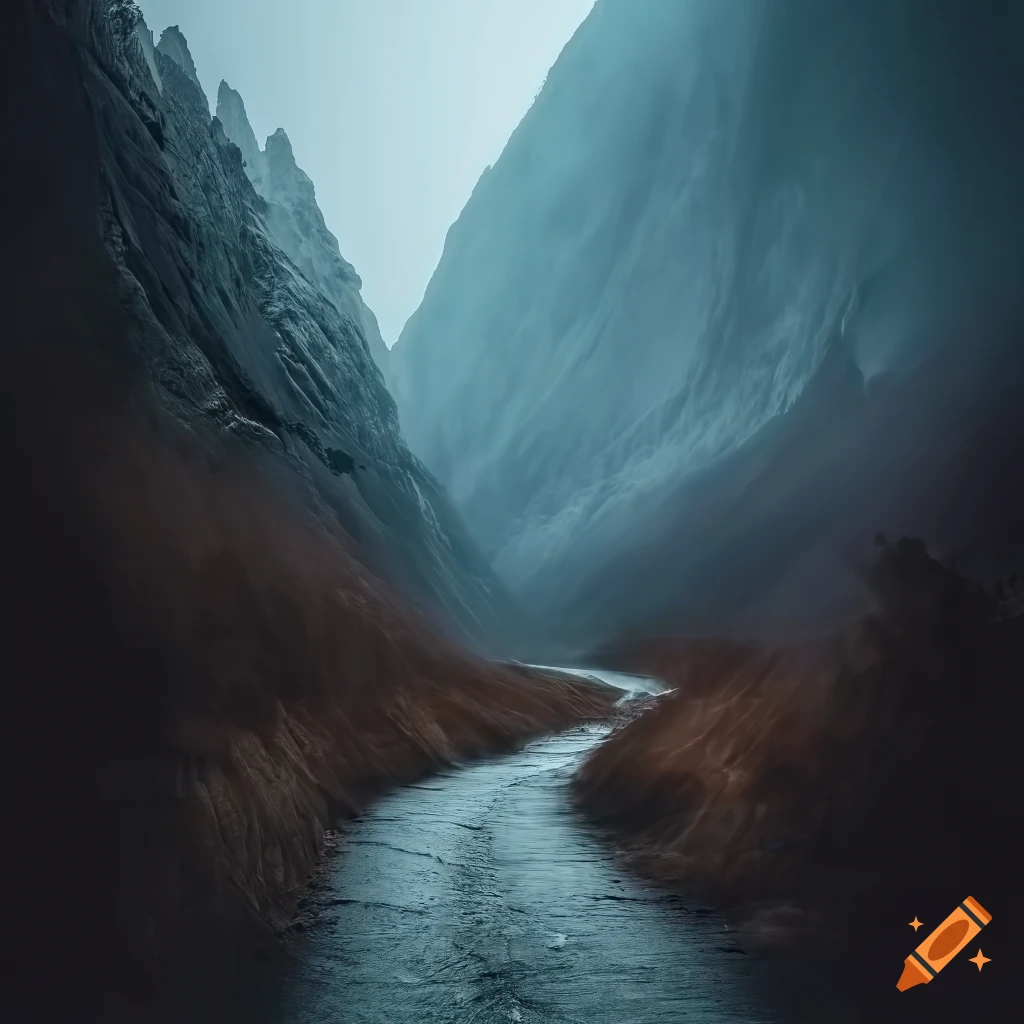 Winding path through a desolate landscape leading to a foreboding ...