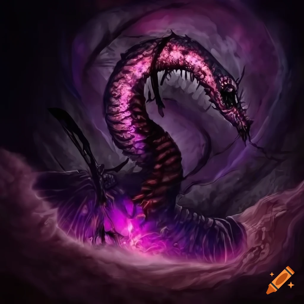 Monstrous serpent worm with skeletal wings and purple scales surrounded ...