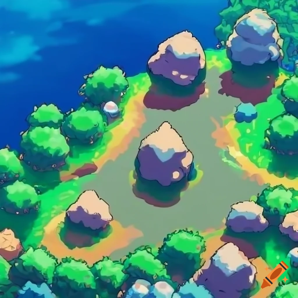 Top down view 2d art of a sunny pokemon region with tall rocks on Craiyon