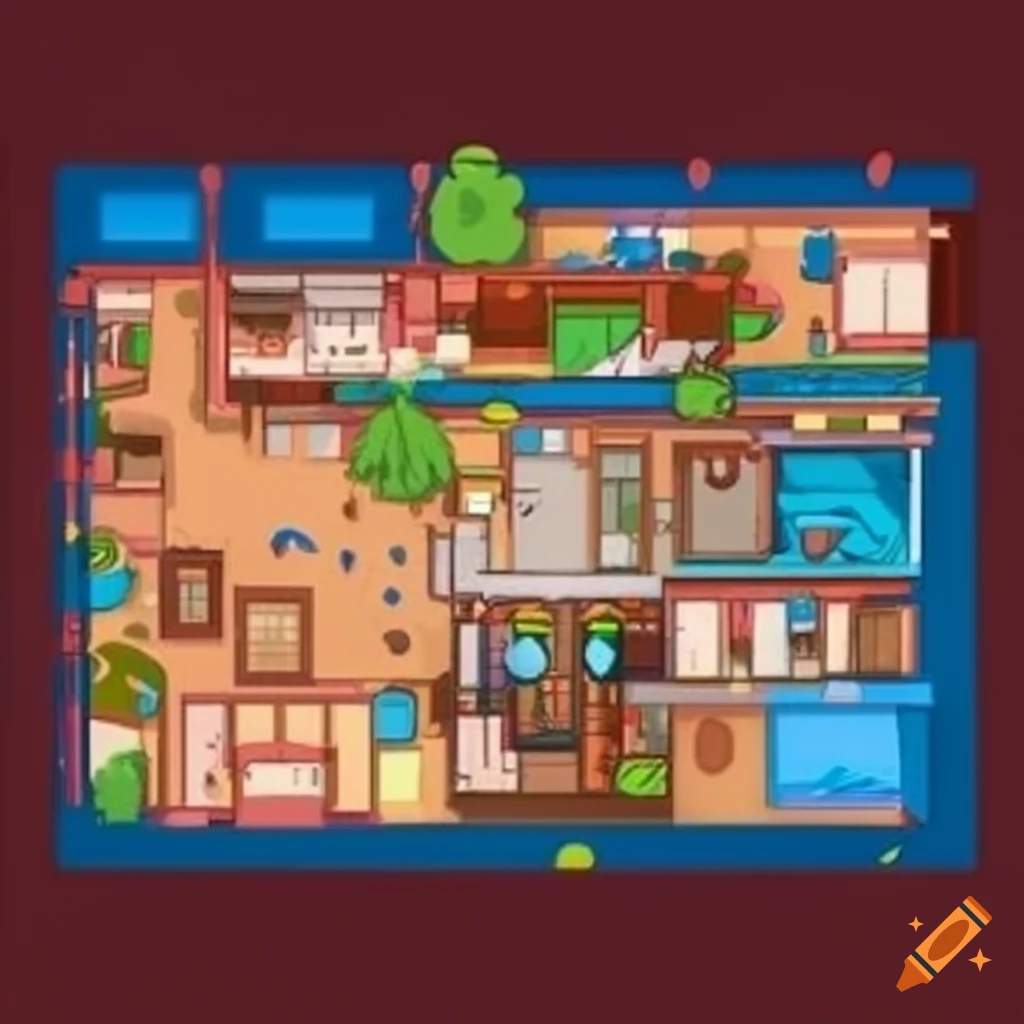 Cartoon map of a house on Craiyon