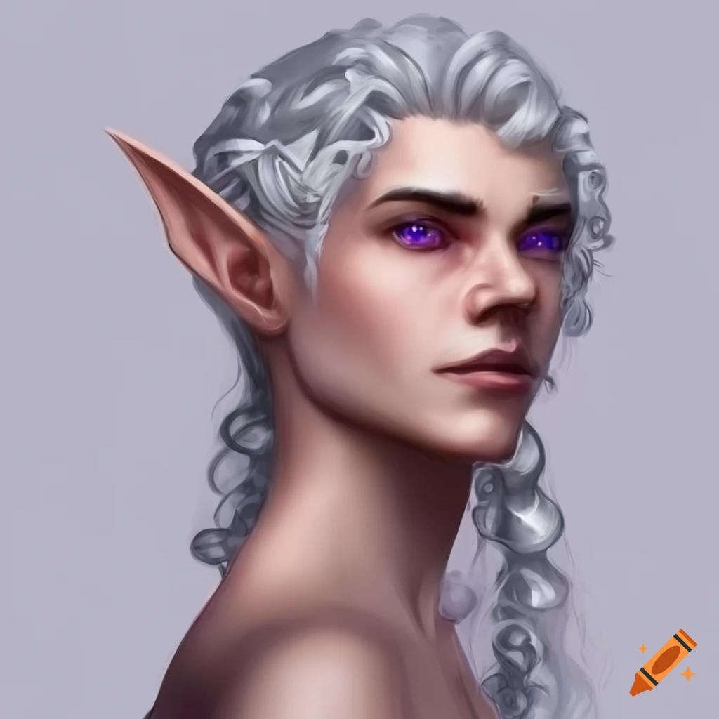 Male elf with long curly silver hair, golden skin, and violet eyes on ...