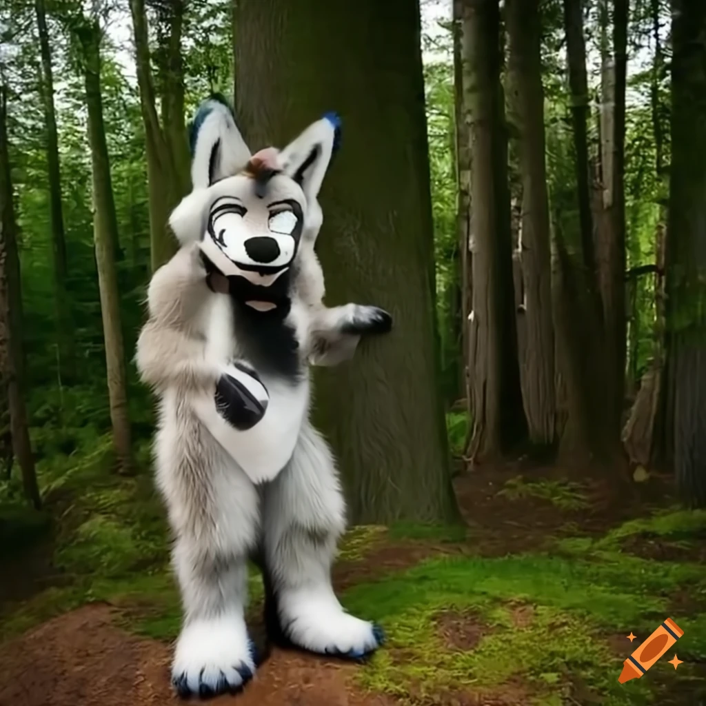 Tall dad in wolf fursuit standing in woodland with elegant posture on ...
