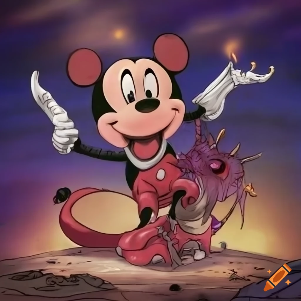 Artistic photo of mickey with a gatling gun fighting a dragon on Craiyon