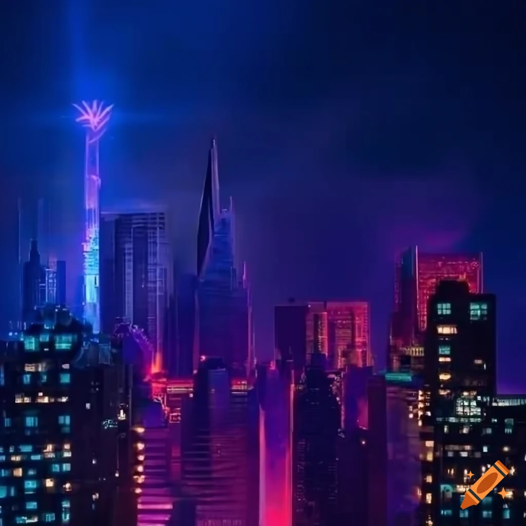 Neon-lit cityscape with celestial goddess and mesmerizing sculptures in ...