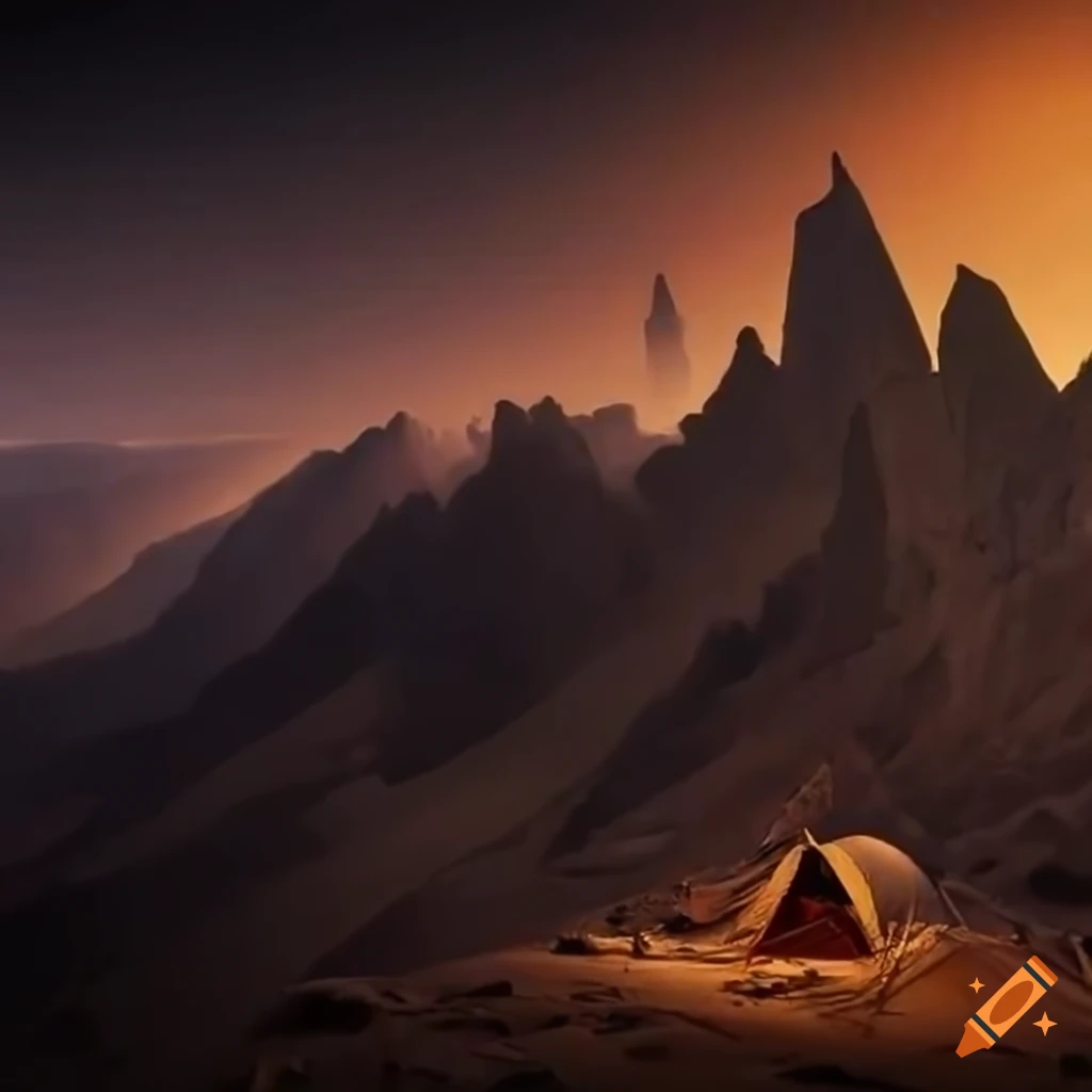 Medieval gypsy camp on desert cliff with high elevation and dark ravine ...